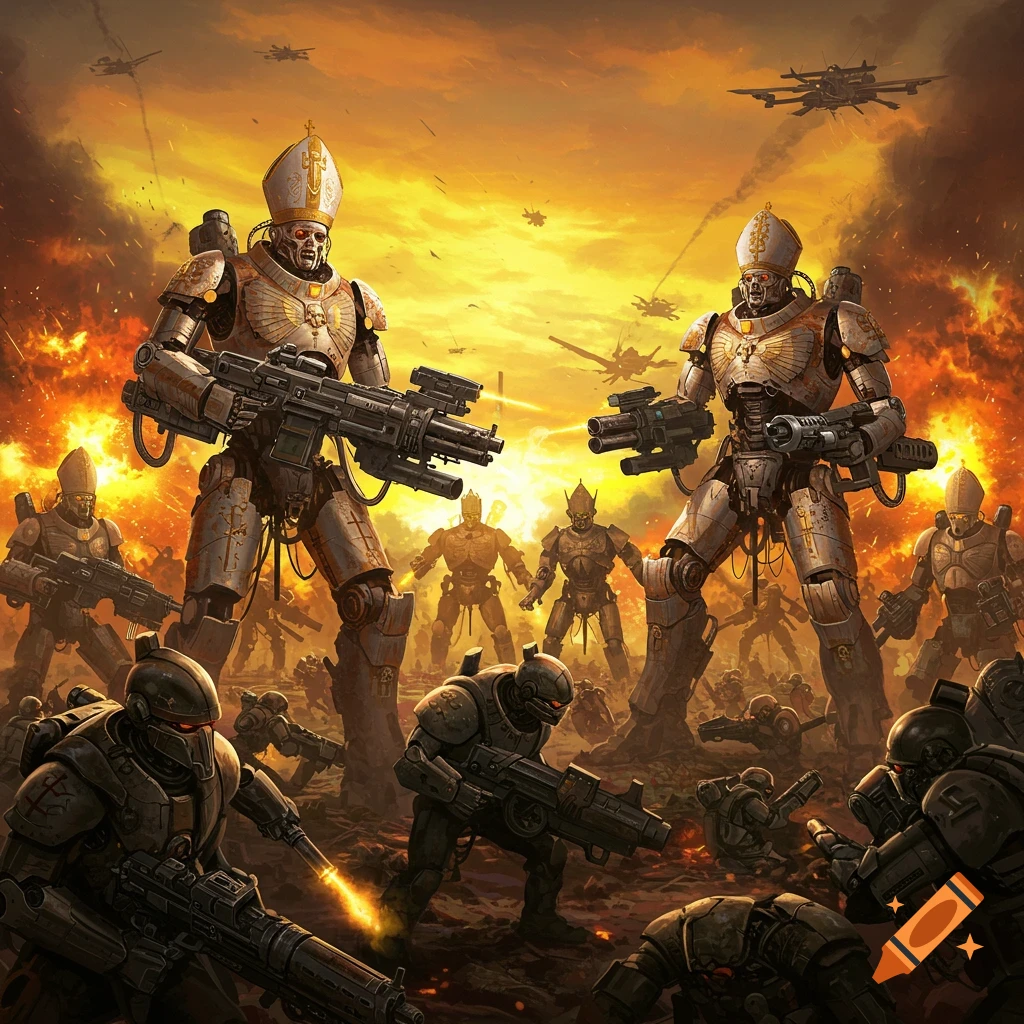 Two large robot figures wearing pope hats stand on a battlefield filled ...