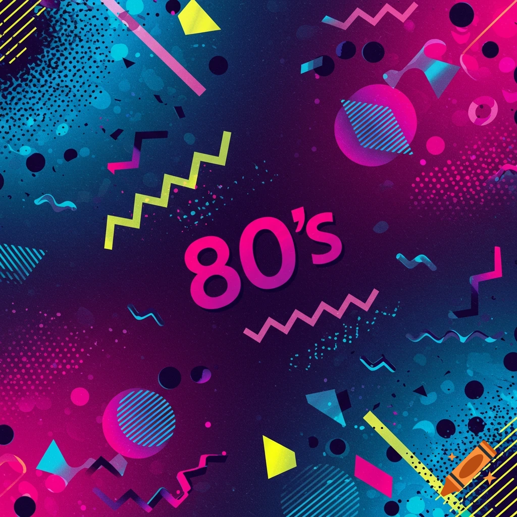 Abstract 80s style pattern with geometric shapes and text "80's". on ...