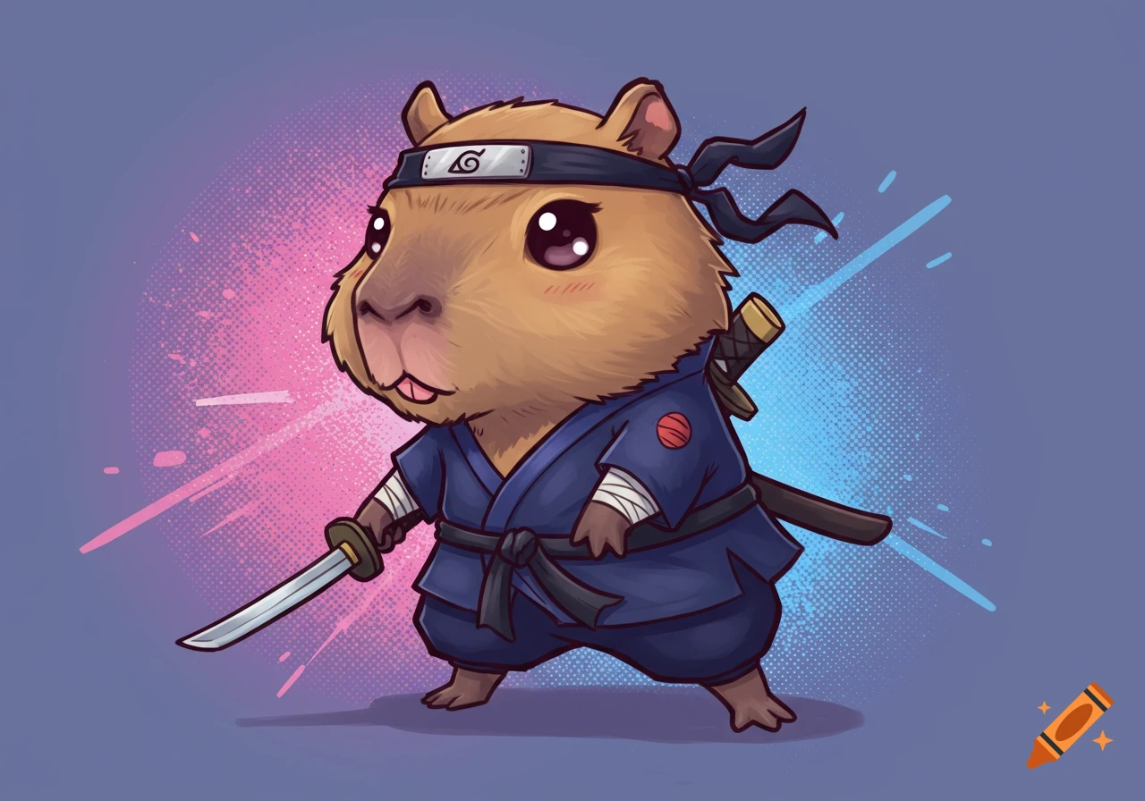Cute anime style capybara dressed as a ninja holding a sword. on Craiyon