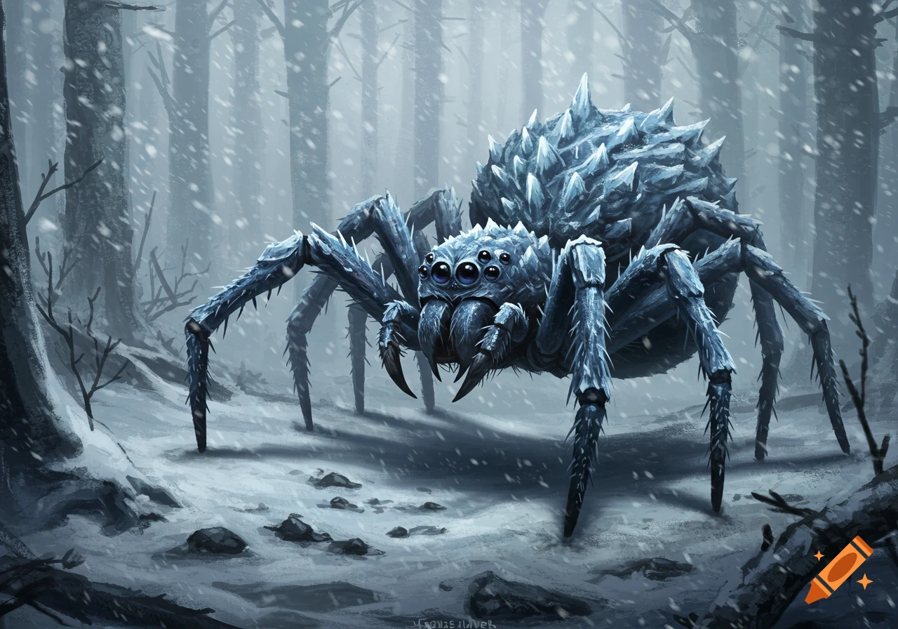 A large, frost-colored spider with icy features stalks a snowy forest ...