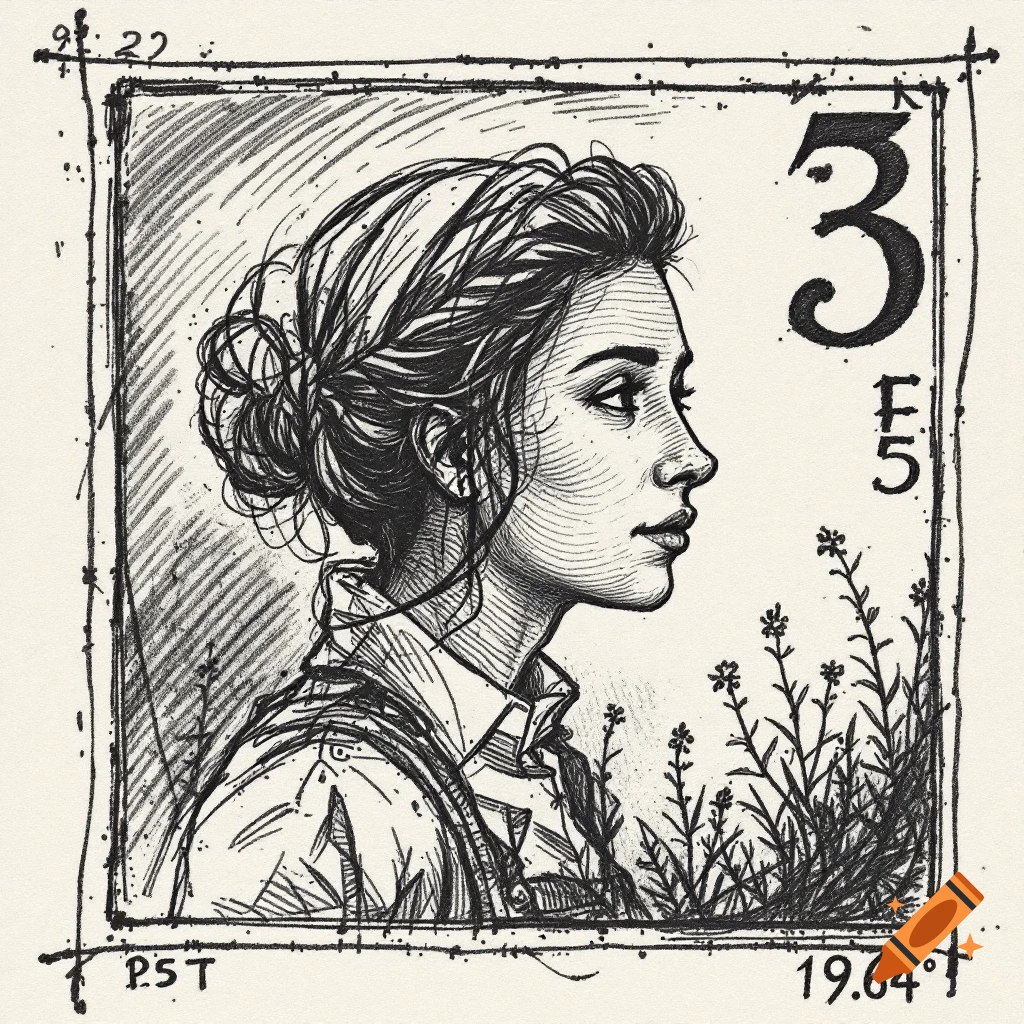 Sketch portrait of a woman in profile, framed like a post stamp with ...