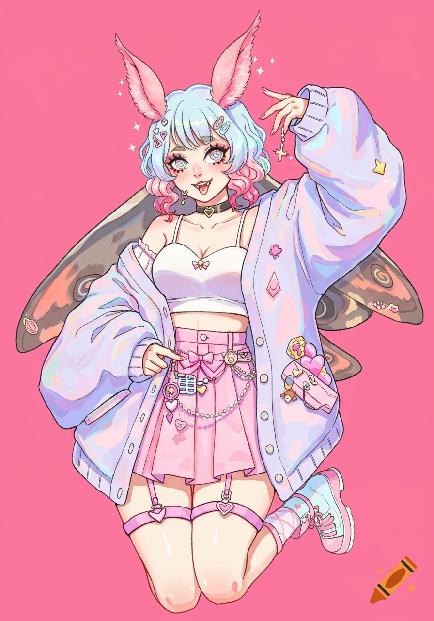 Anime girl with moth wings and ears in pastel yamikawaii fashion outfit ...