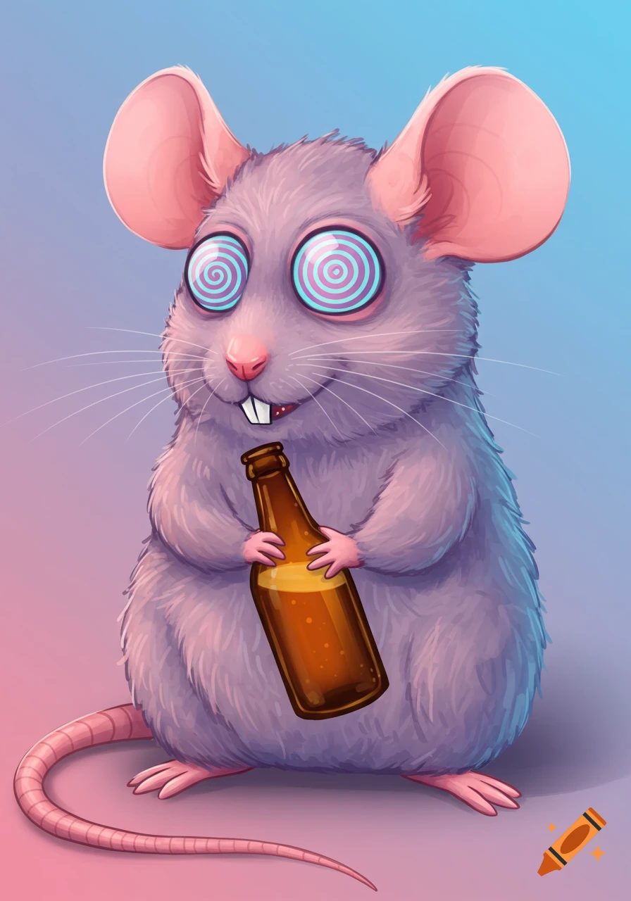 Cartoon illustration of a dizzy rat with swirly eyes holding a brown ...