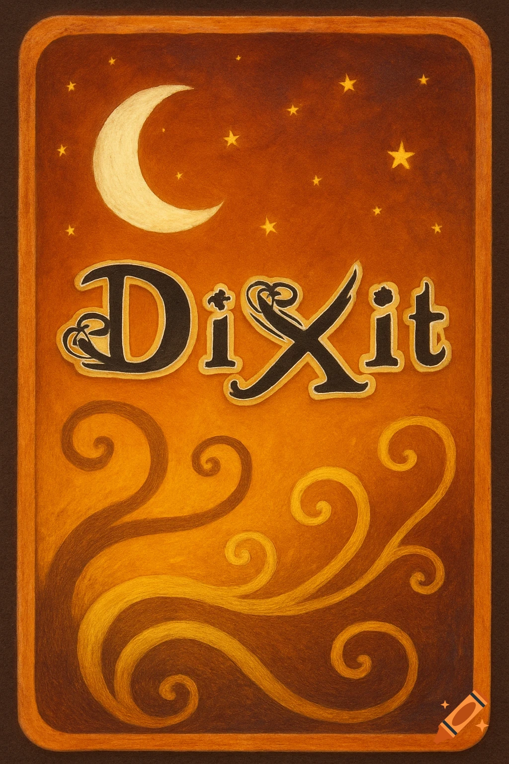 Stylized card back illustration with the Dixit logo, a crescent moon, stars, and swirling ...