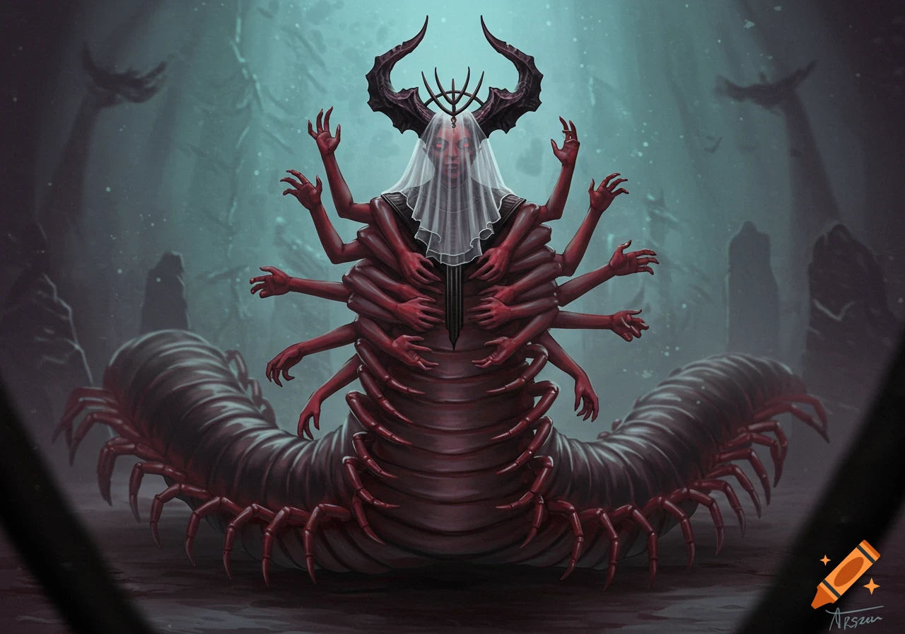 A dark fantasy illustration of a multi-limbed demon-like creature with ...