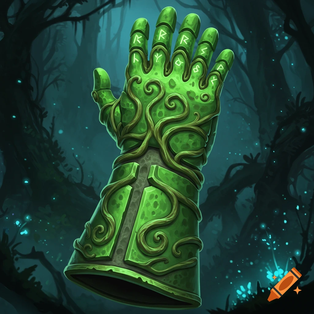 Green gauntlet with vines and runes in a dark fantasy forest ...