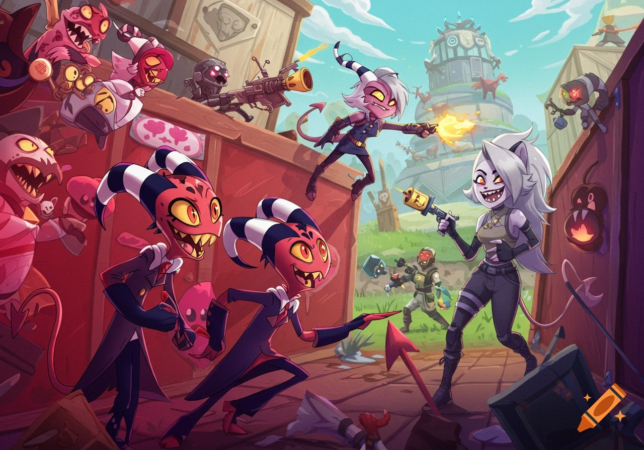 Helluva Boss characters in a Fortnite-style animated action scene on ...