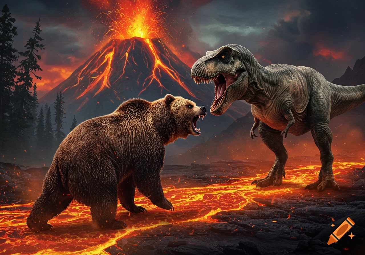 A T-Rex fights a bear in a volcanic landscape with lava. on Craiyon