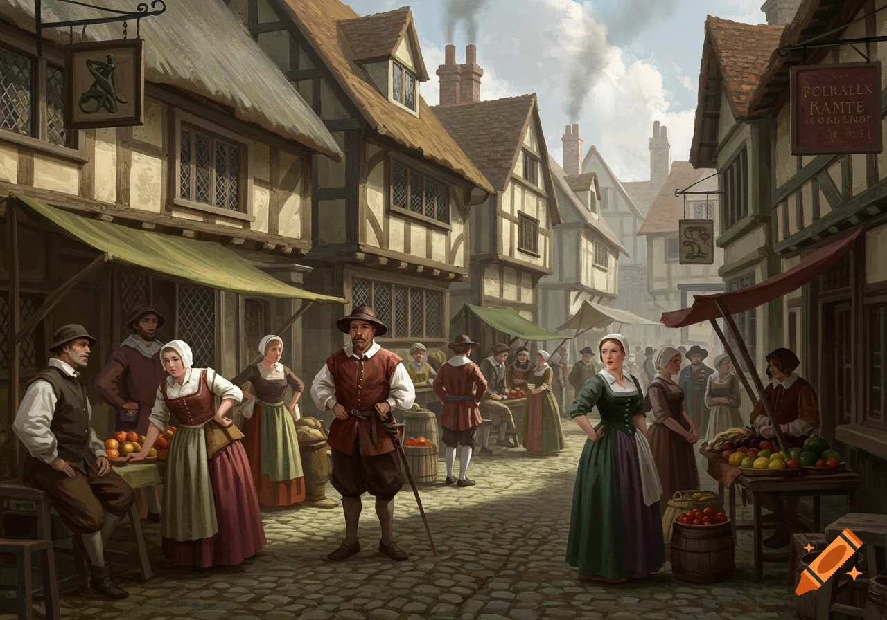 A detailed illustration of a bustling 16th-century English market ...