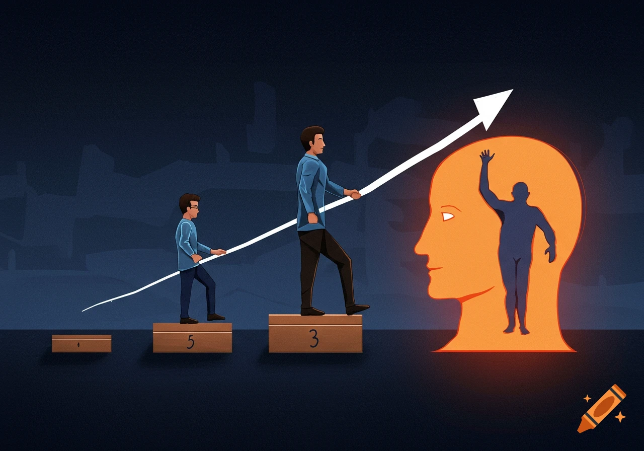 Two stylized figures climb steps towards a giant illuminated head with a figure inside ...