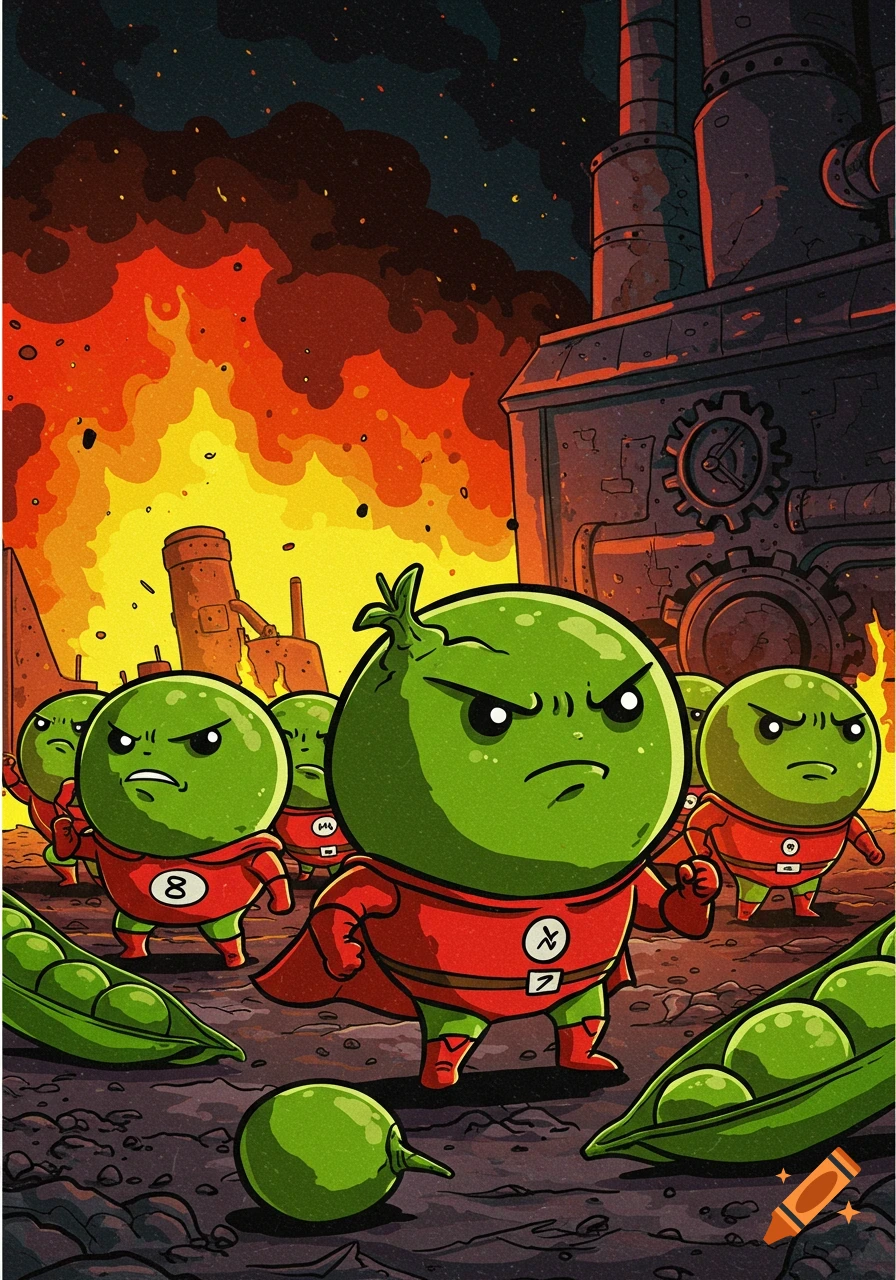 Cartoon superhero peas stand in front of a burning industrial factory ...