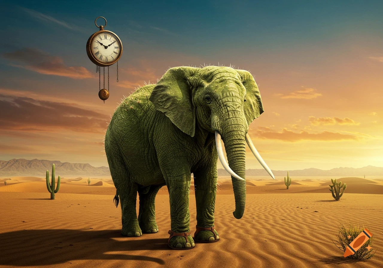 A cactus-textured elephant wearing sandals stands in a desert with a ...