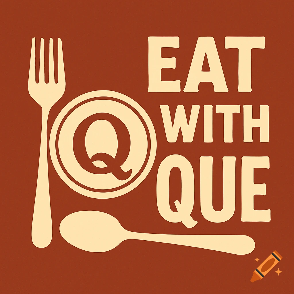 Illustration of a fork, plate with Q, and spoon with the text 'EAT WITH ...