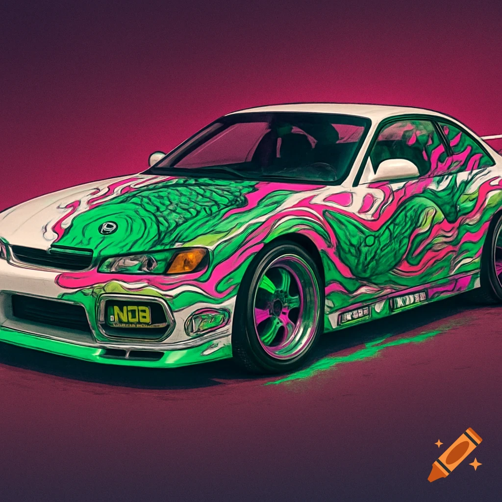 White Nissan Silvia S14 with vibrant green koi and pink flame decal on ...