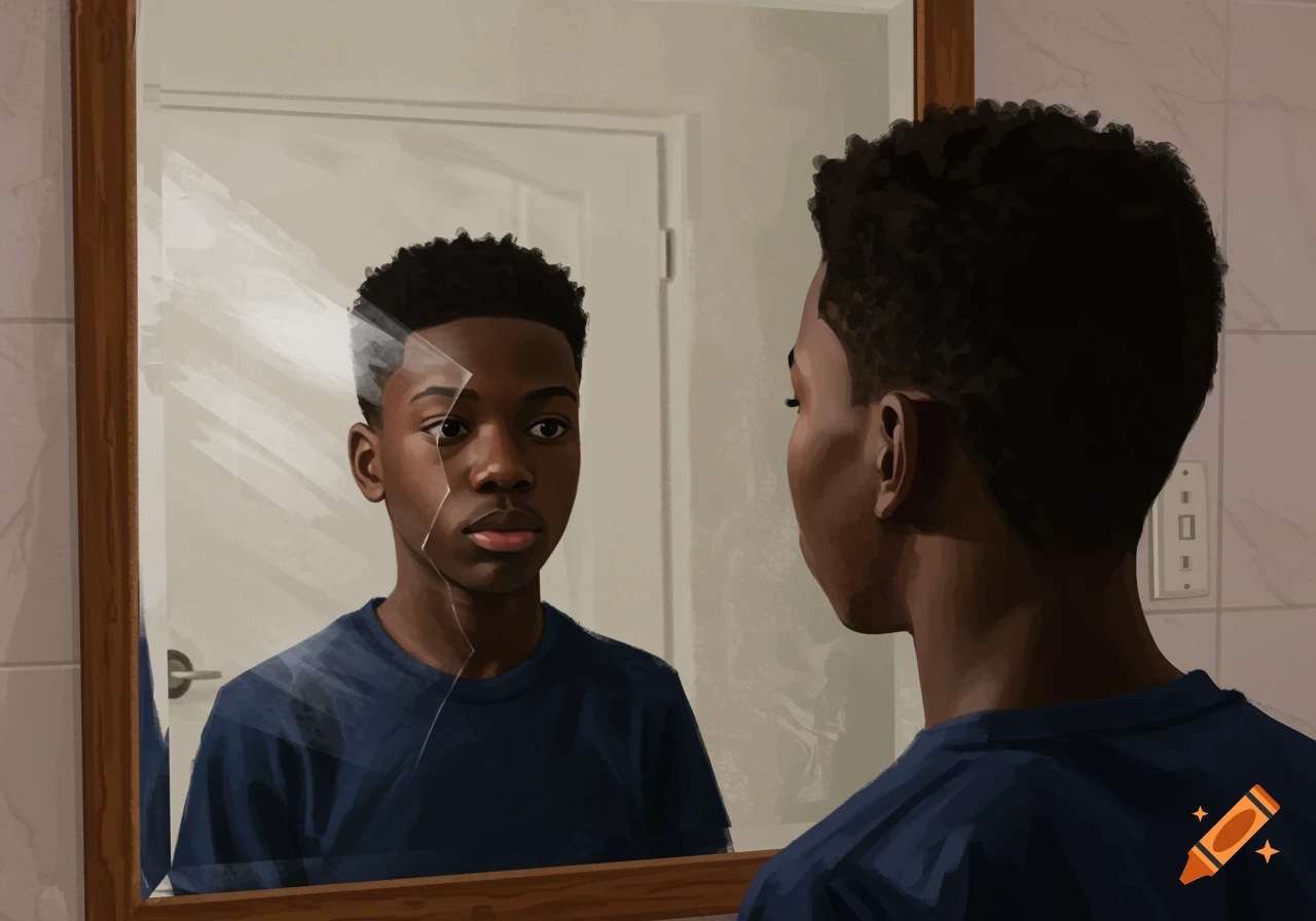 Digital painting of a black teenage boy looking into a cracked mirror ...