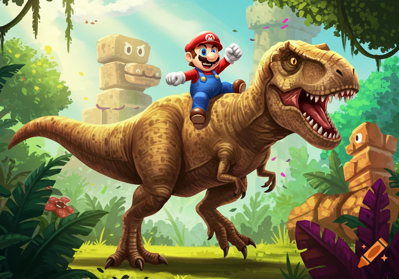 Illustration of Mario riding a T-Rex in a jungle with strange stone ...