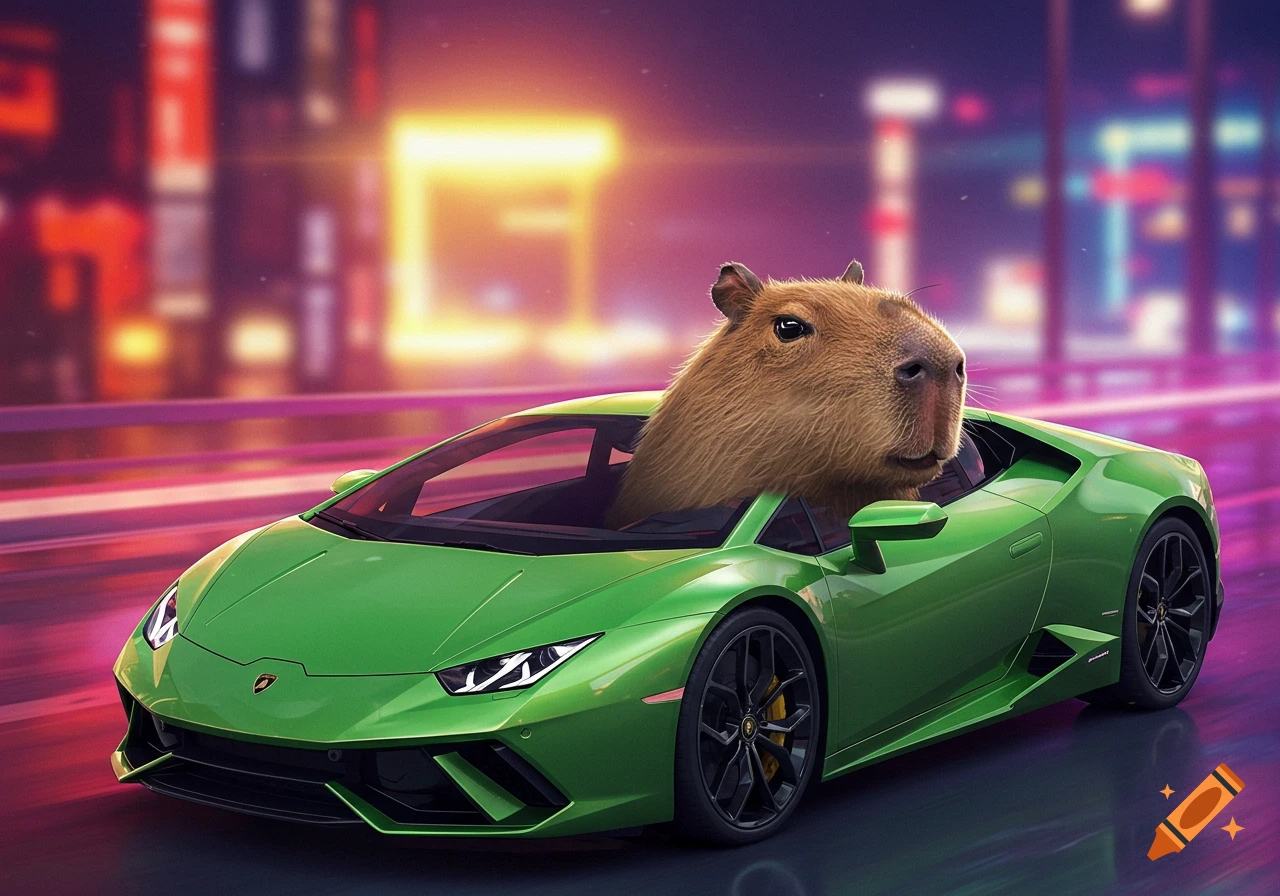A capybara driving a green Lamborghini at night. on Craiyon