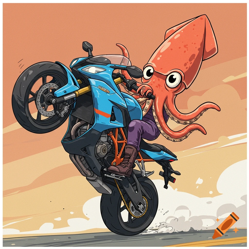 Cartoon illustration of a squid doing a wheelie on a blue sport ...