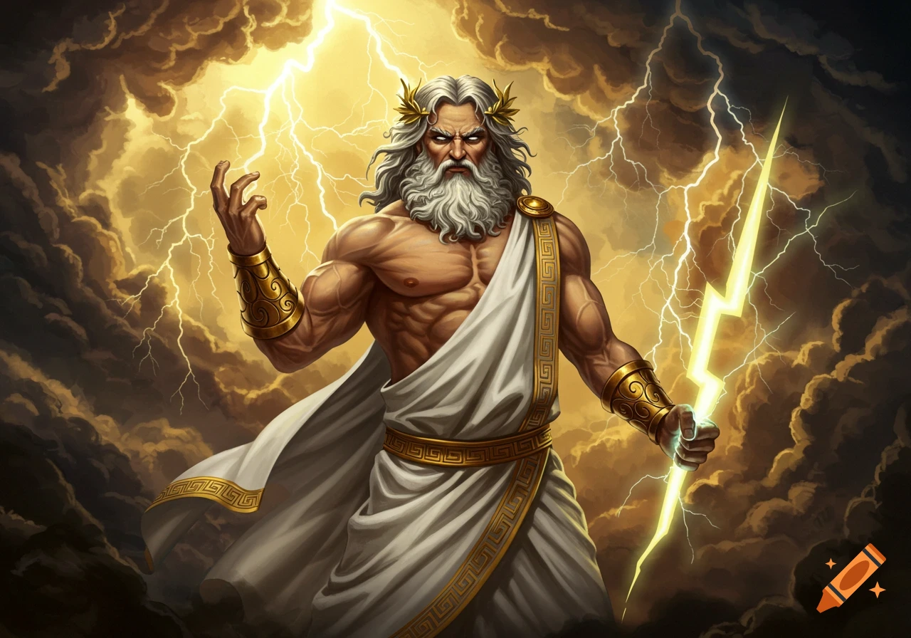 A muscular man with a beard, depicting Zeus, holding a lightning bolt amidst a storm. on Craiyon