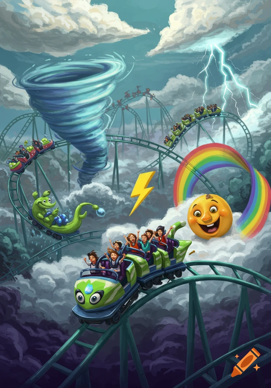 Cartoon illustration of roller coasters riding through a sky with a ...