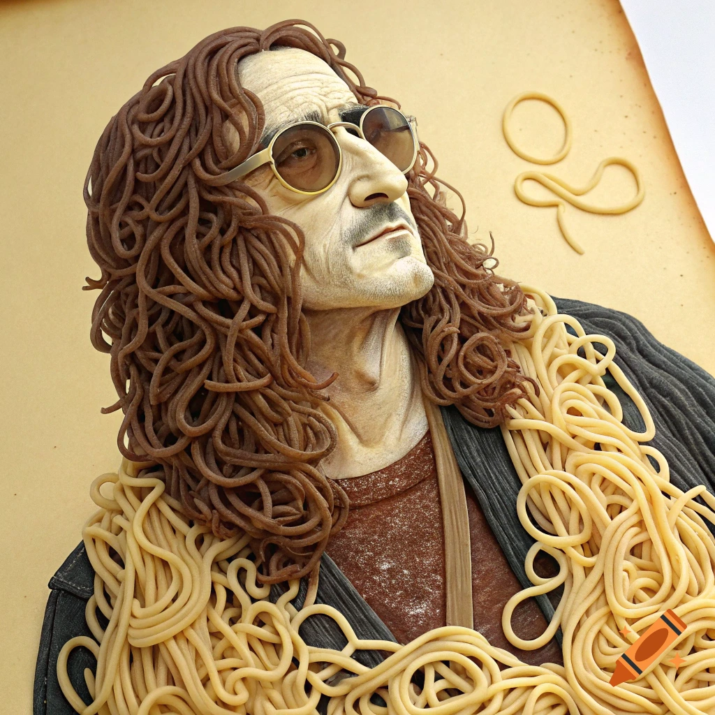 Portrait of a person resembling Geddy Lee made of spaghetti and pasta ...
