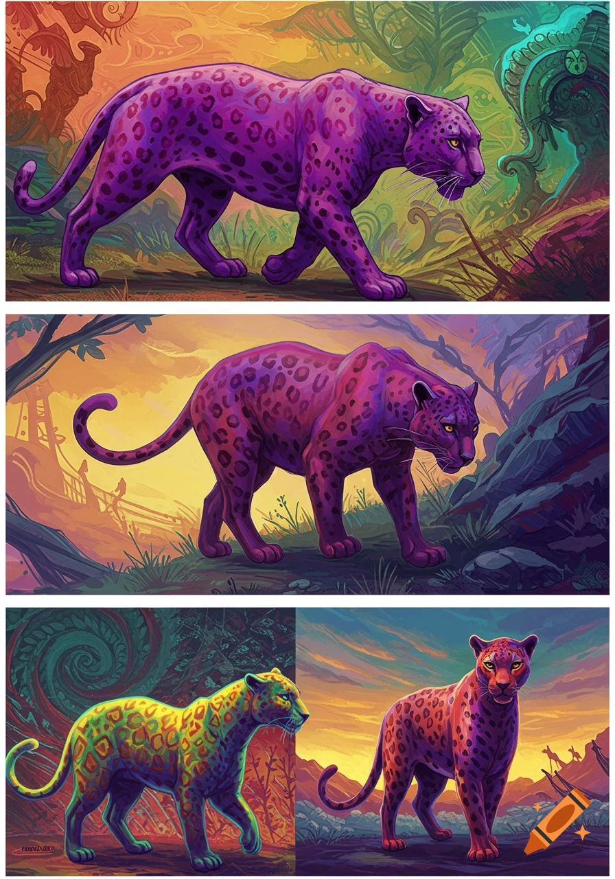 Multiple colorful panthers in a vibrant stylized landscape on Craiyon