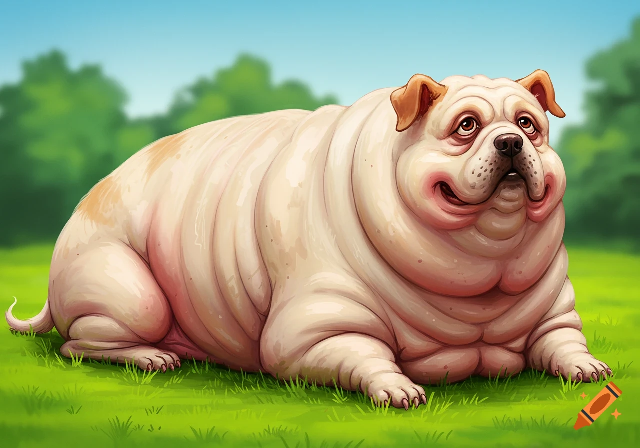 An illustration of a morbidly obese bulldog laying in grass. on Craiyon