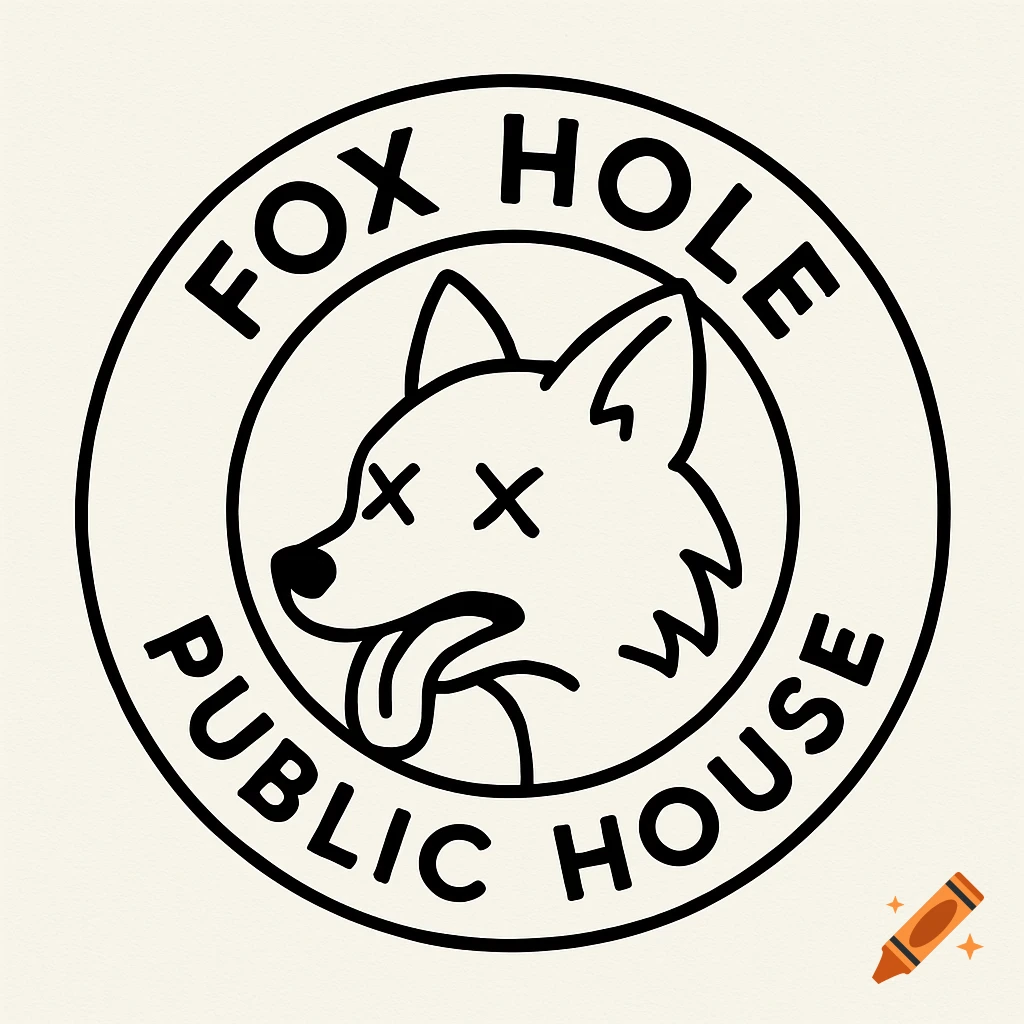 Line art logo of a stylized fox head with X eyes and tongue out inside ...