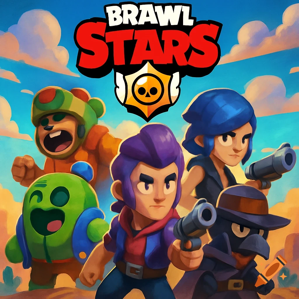 Stylized illustration of several Brawl Stars characters and the game ...