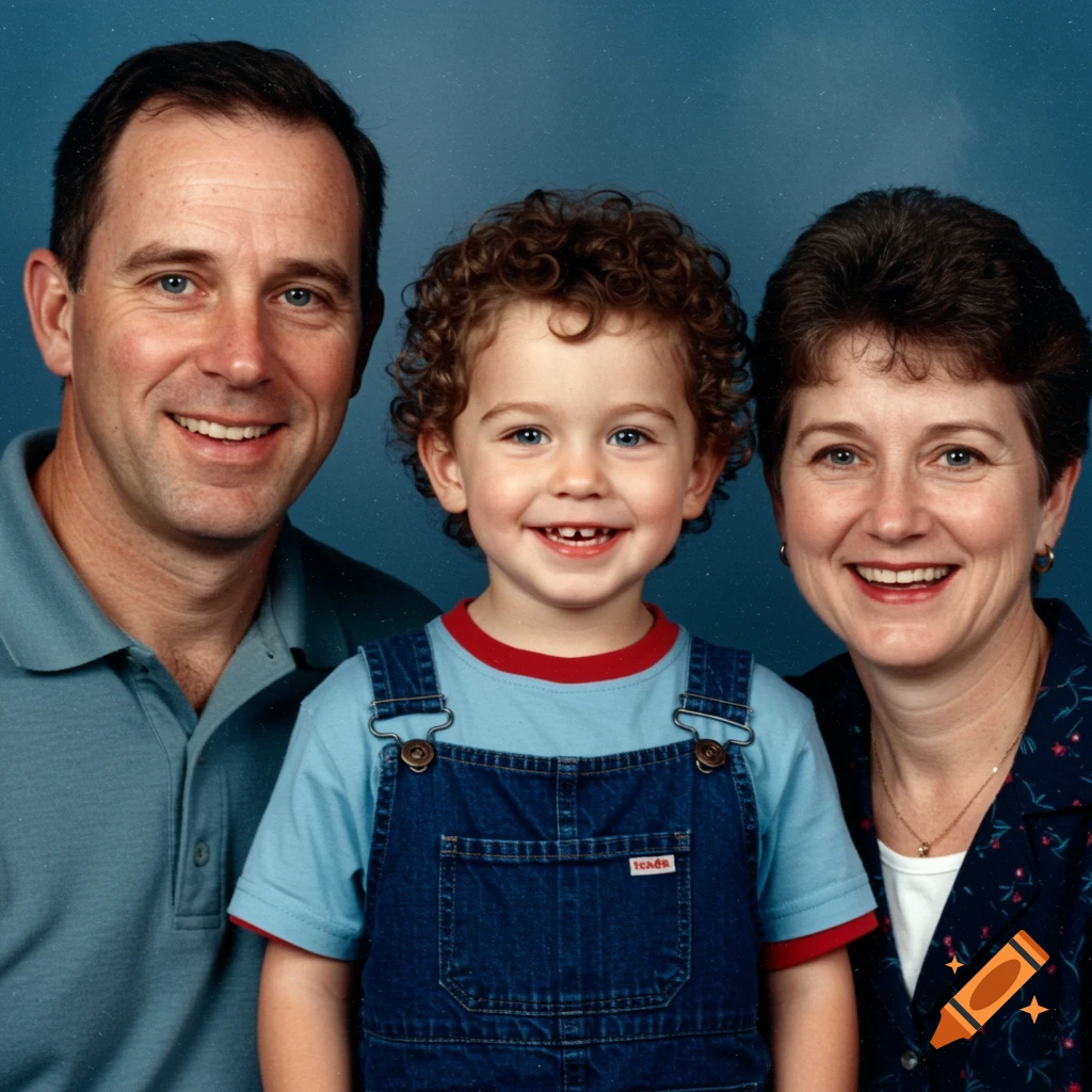 A 1990s family portrait of a smiling man, woman, and young boy against ...