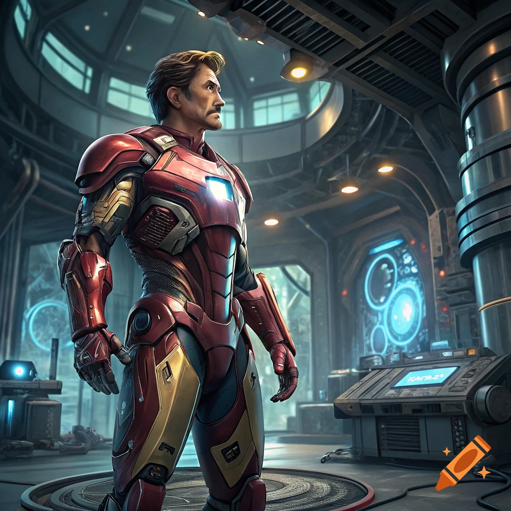Man in Iron Man armor stands in a high-tech lab. on Craiyon