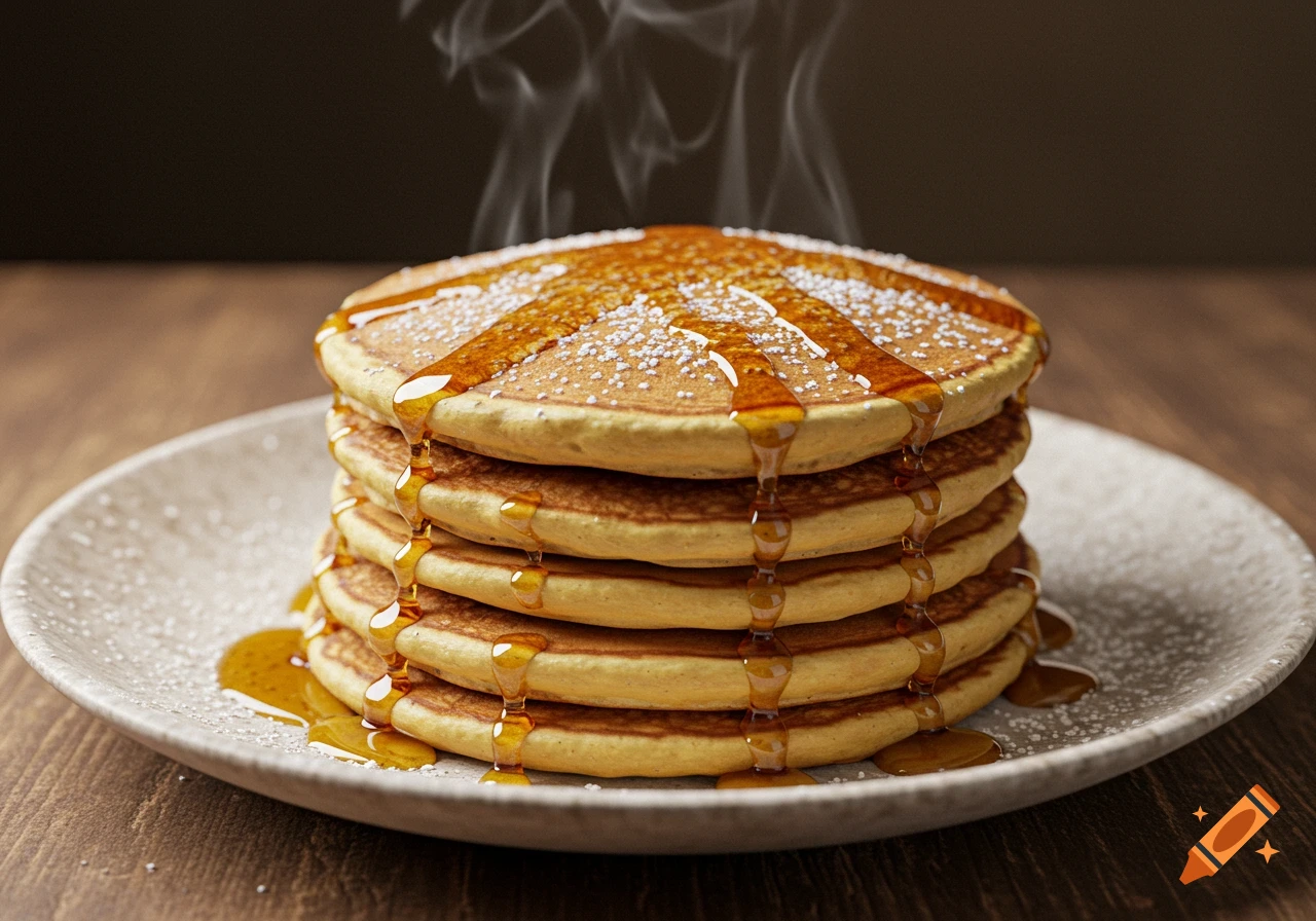 Stack of pancakes with syrup, powdered sugar, and steam on a plate on ...