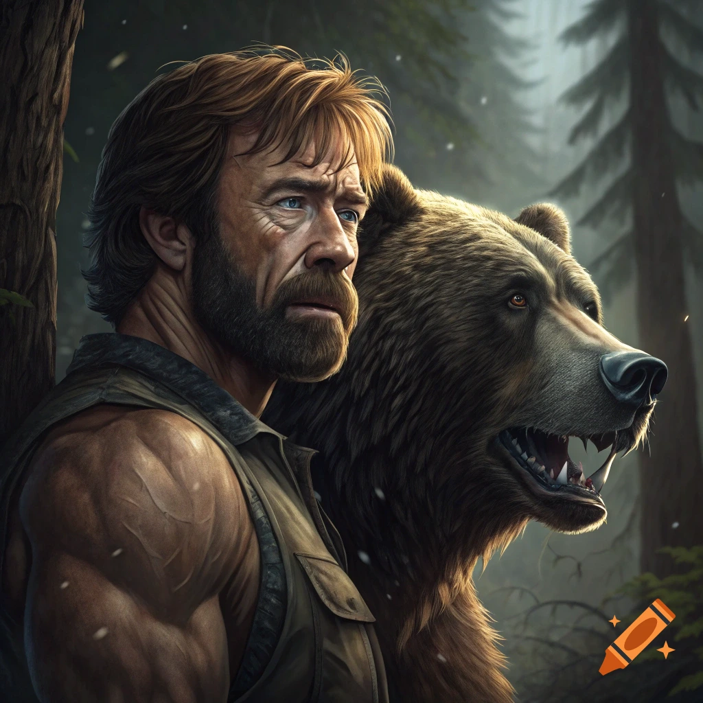 Realistic portrait of a man resembling Chuck Norris standing next to a ...