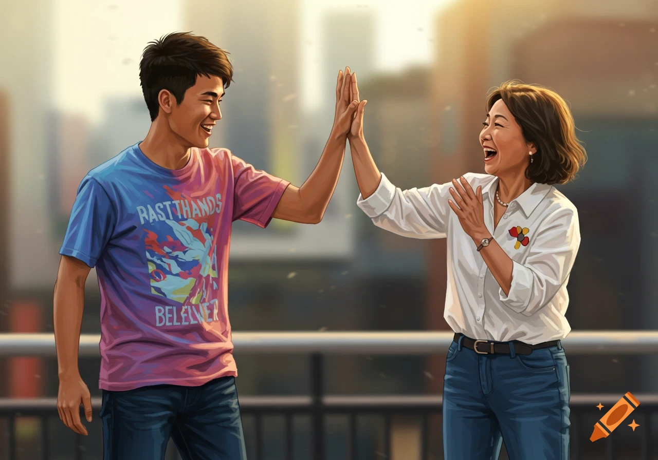 Illustration of a young man and older woman high-fiving outdoors. on ...