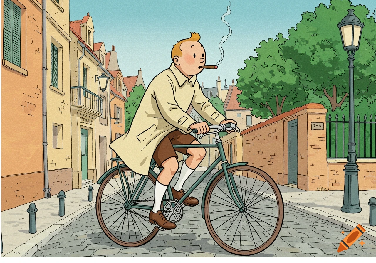 Cartoon character resembling Tintin rides a bike on a cobblestone ...