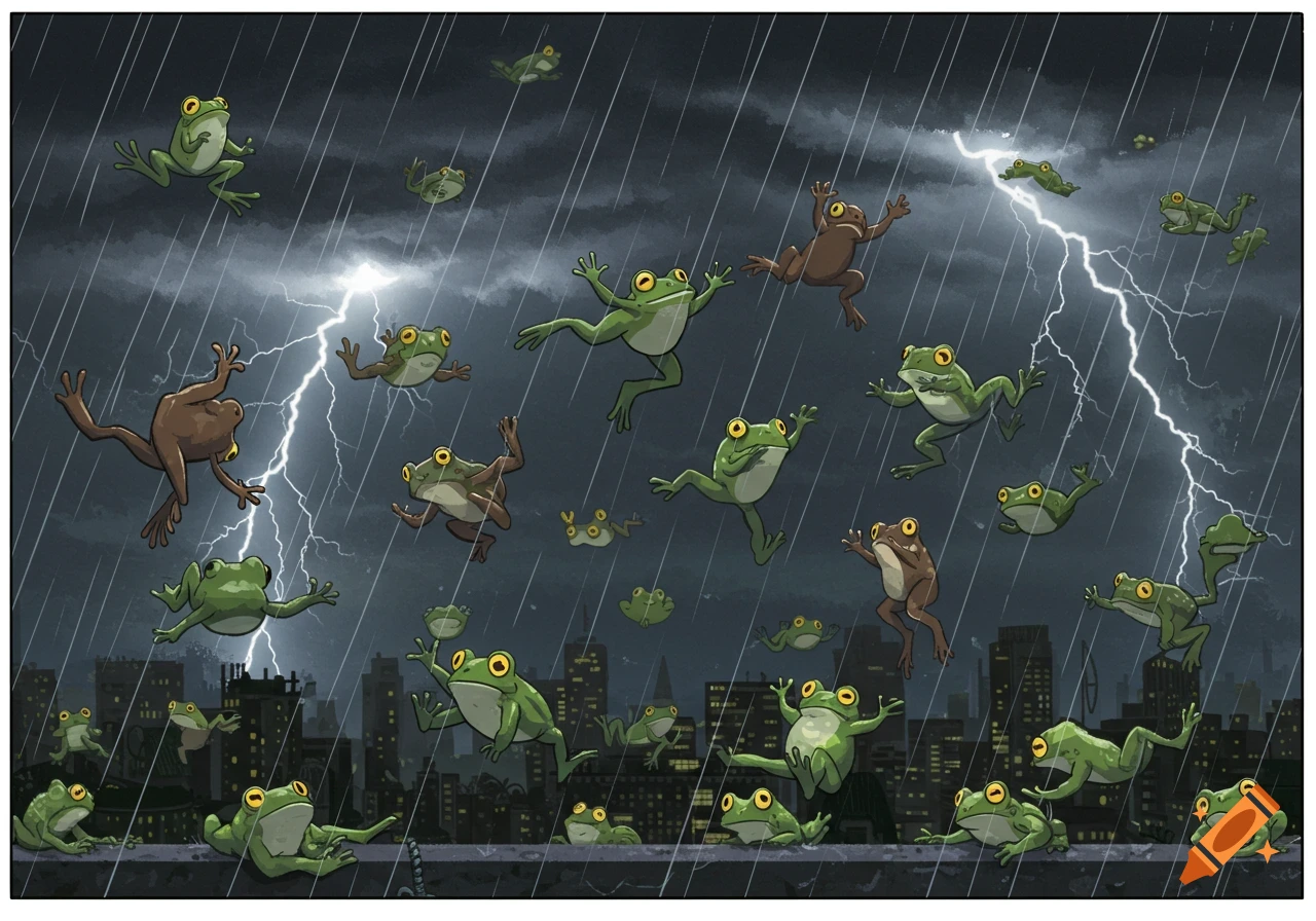 Frogs rain down on a city during a lightning storm. on Craiyon