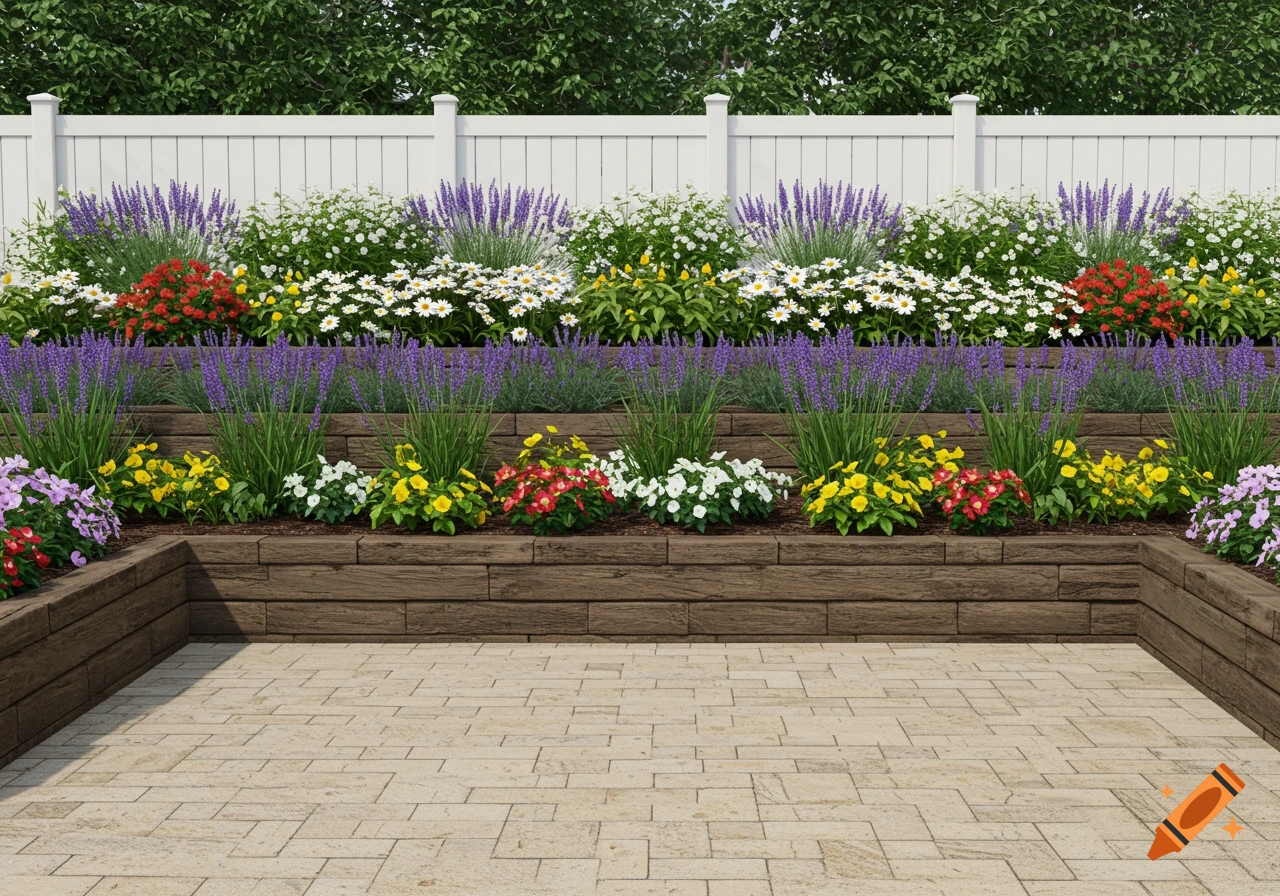 Photorealistic landscape with terraced flower beds, white fence, and ...