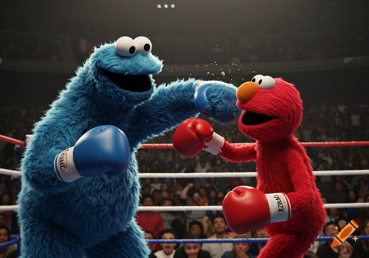 Photorealistic image of Cookie Monster punching Elmo in a boxing ring ...
