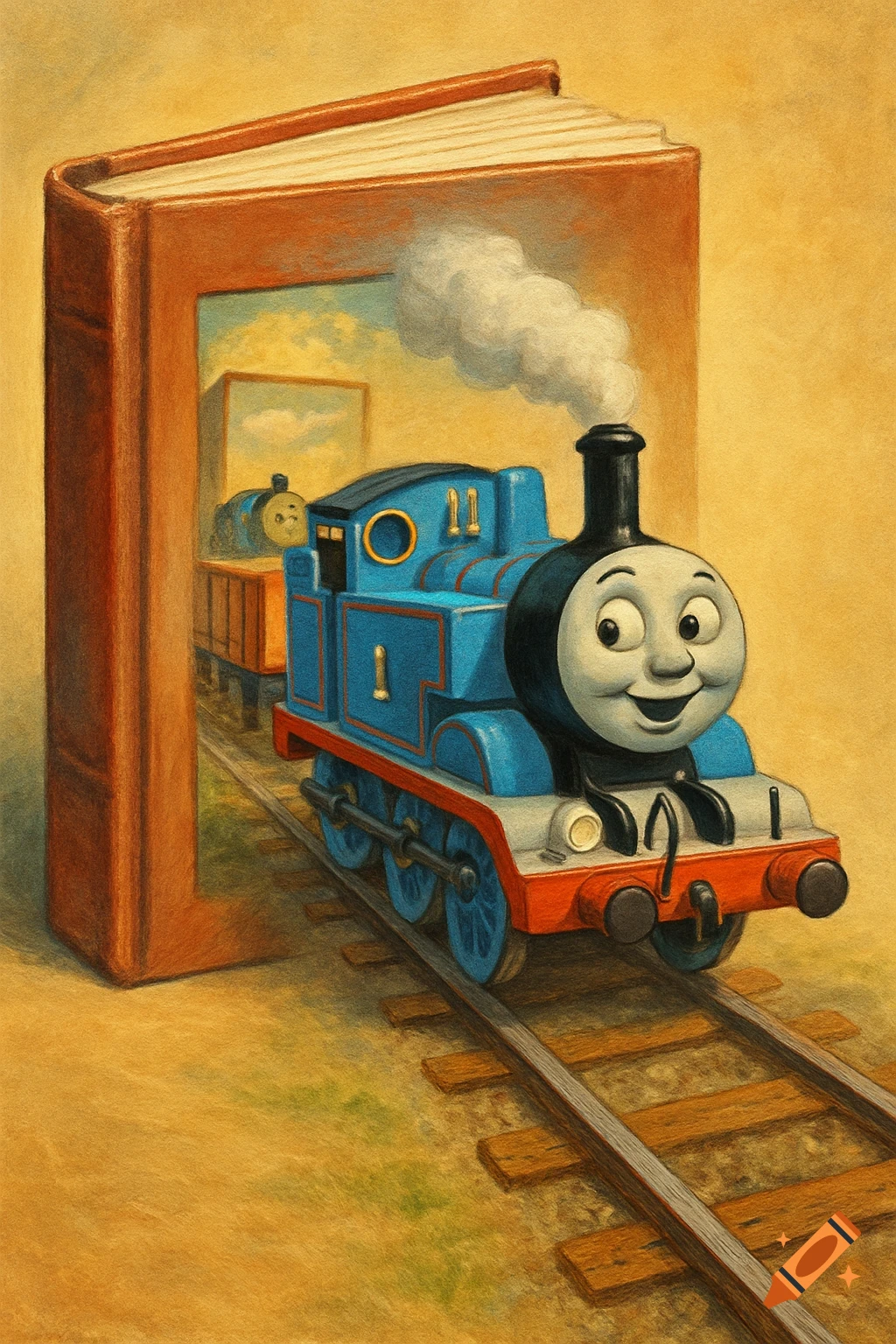 Illustration of a blue train engine emerging from a book on Craiyon