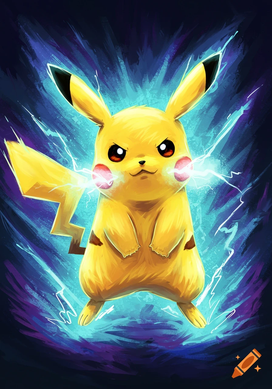 Illustration of Pikachu surrounded by blue and purple energy. on Craiyon
