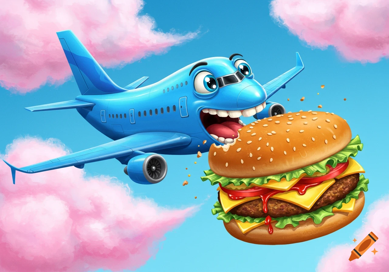 Cartoon blue airplane with a face eating a large hamburger in the sky ...