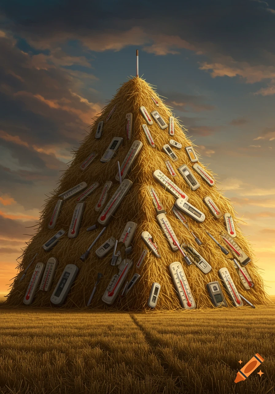 Large haystack covered in thermometers in a field at sunset. on Craiyon