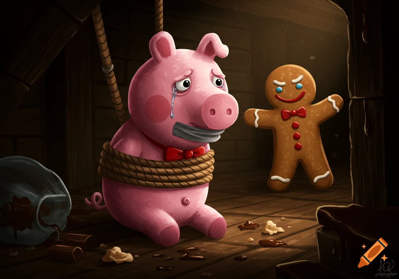 Cartoon illustration of a sad pig tied up and gagged looking at an evil ...