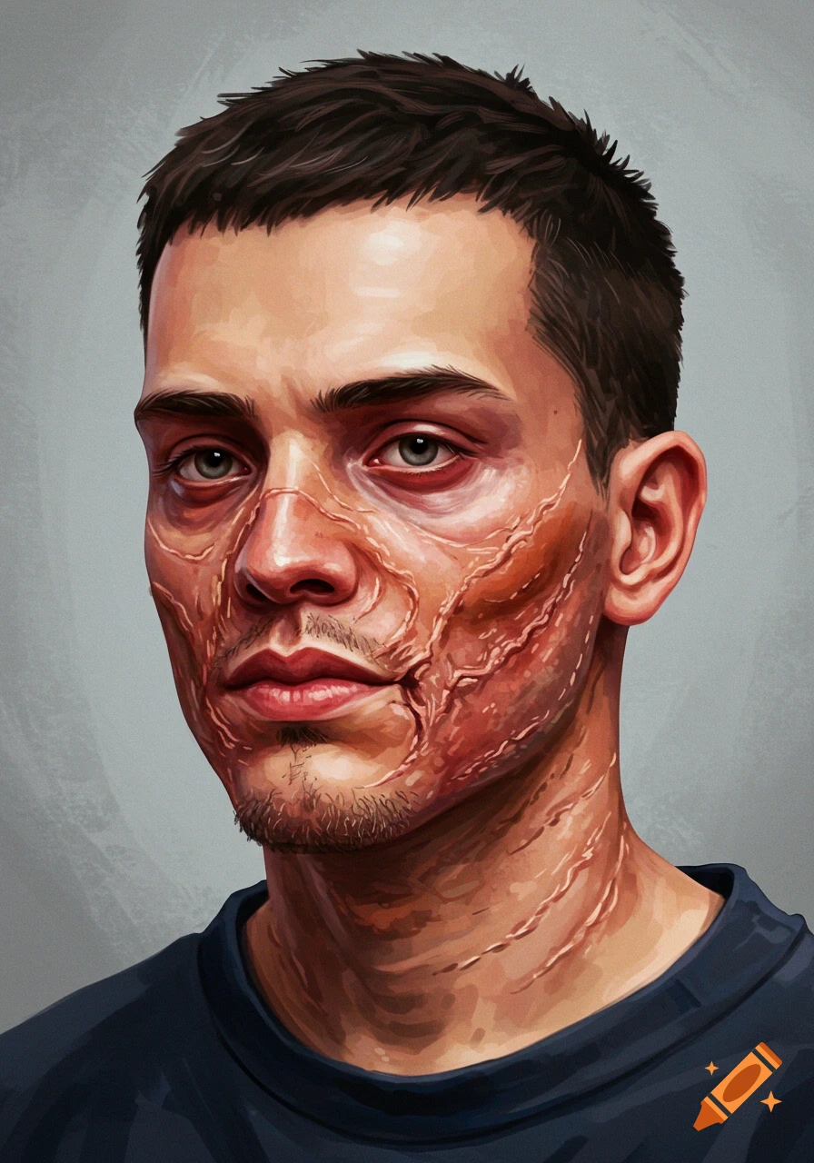 Painting of a young man with severe scars on his face and neck. on Craiyon