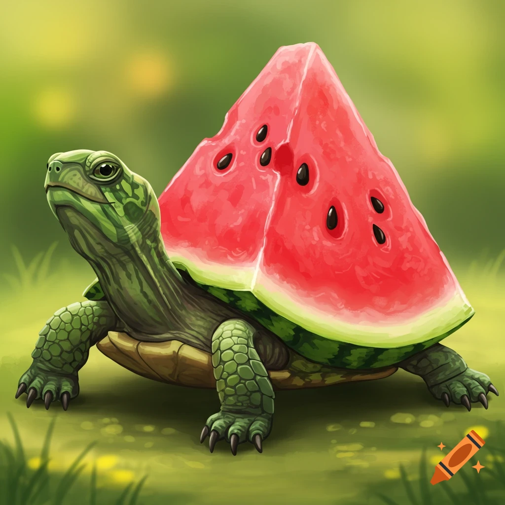 A turtle with a slice of watermelon for a shell stands in grass. on Craiyon