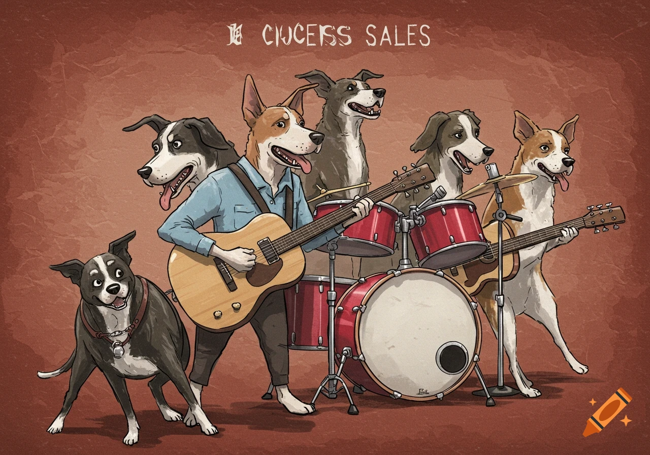 Cartoon dogs playing in a band on Craiyon