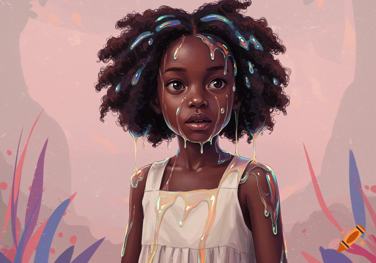 Illustration of a young Black girl with iridescent liquid dripping on ...