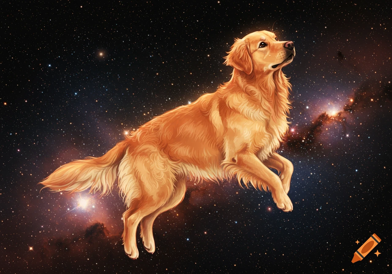A golden retriever dog floating in space among stars and nebulae. on Craiyon