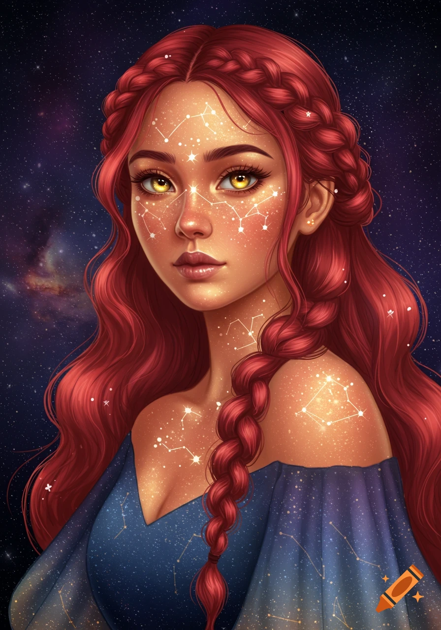 Portrait of a girl with red hair and constellation markings against a ...