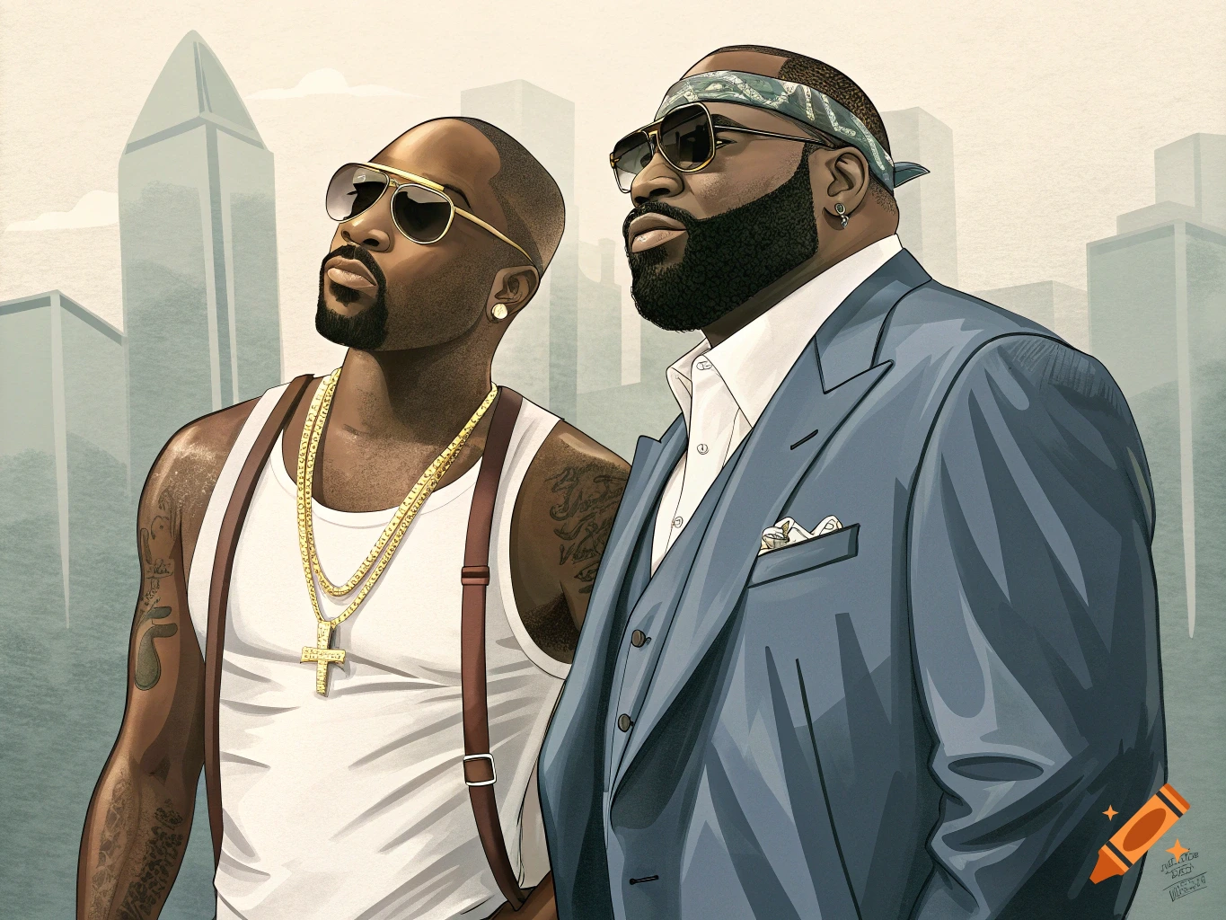 Stylized illustration of two men resembling 2pac and Rick Ross in a ...